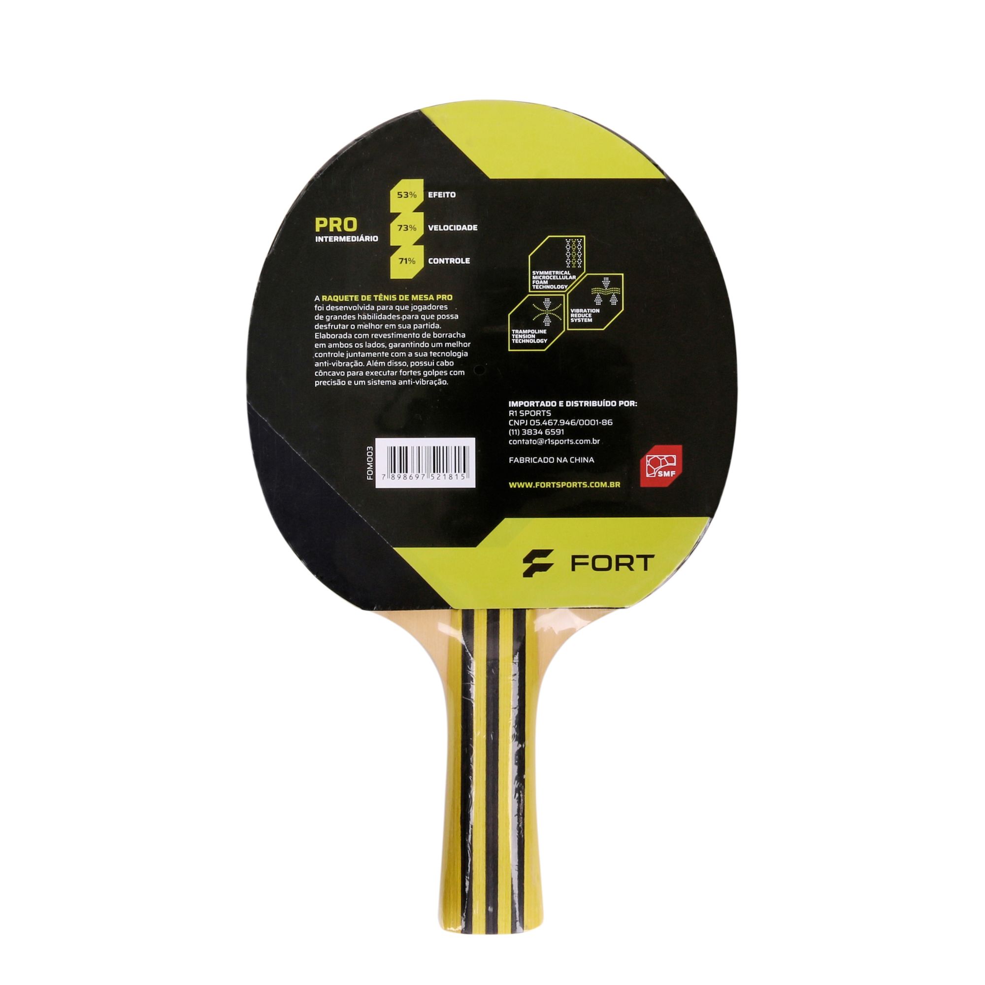 Raquete De Tênis De Mesa Fort Pro Unissex - Preta/Amarela - Bayard Esportes